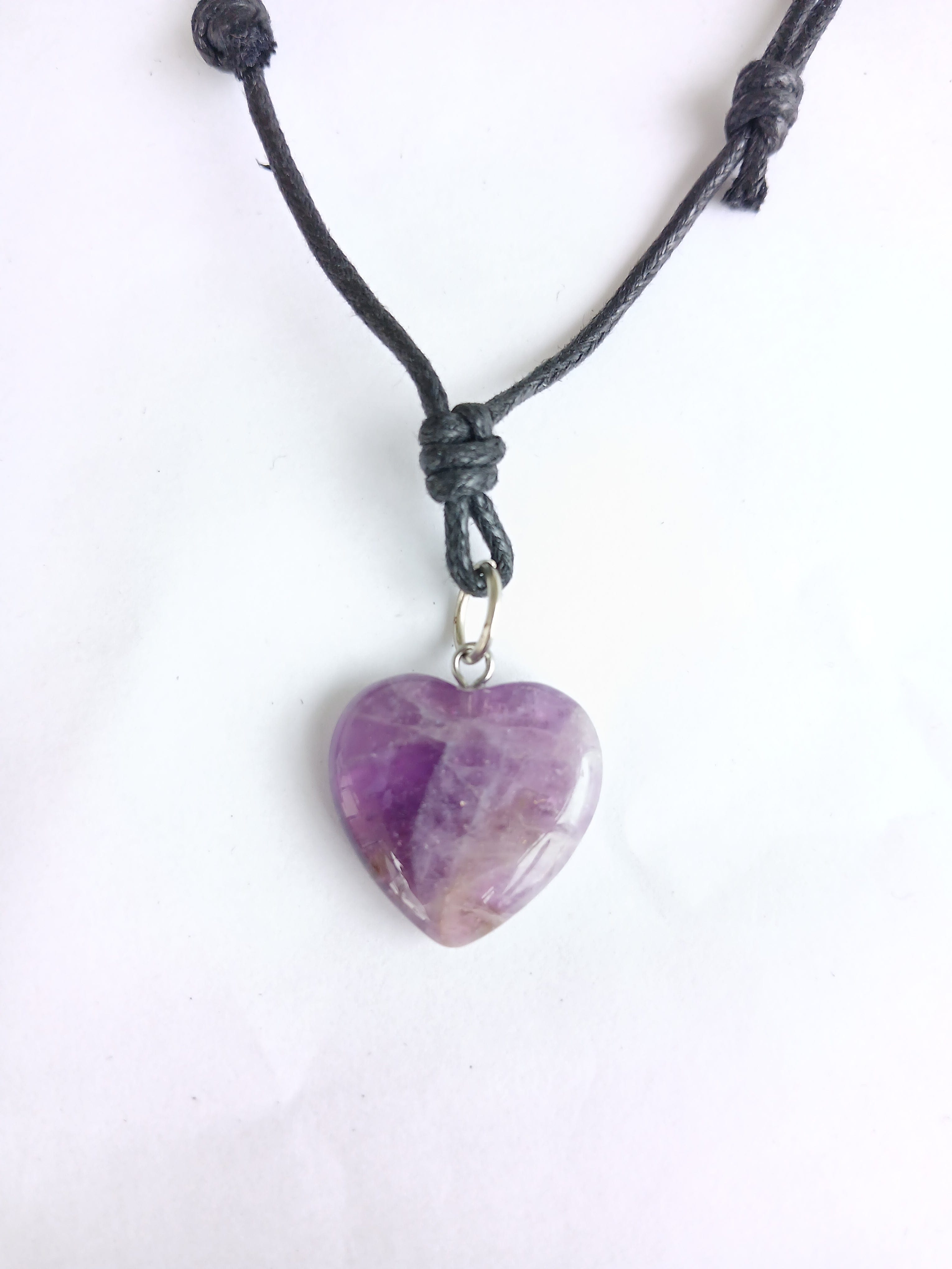 Amethyst Crystal Heart charm healing gemstone pendant necklace black c