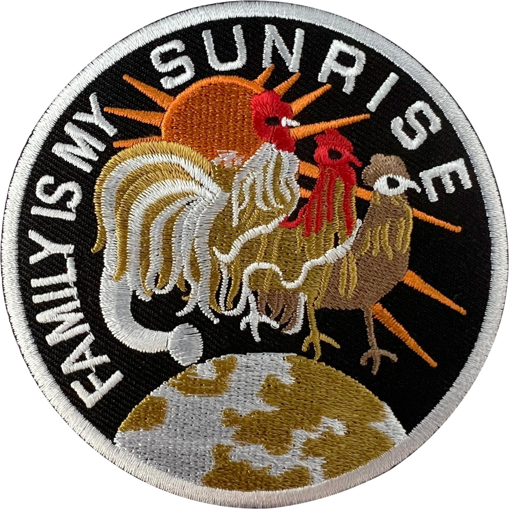 Family Is My Sunrise Cockerel Patch Iron Sew On Sun Earth Space Embroi