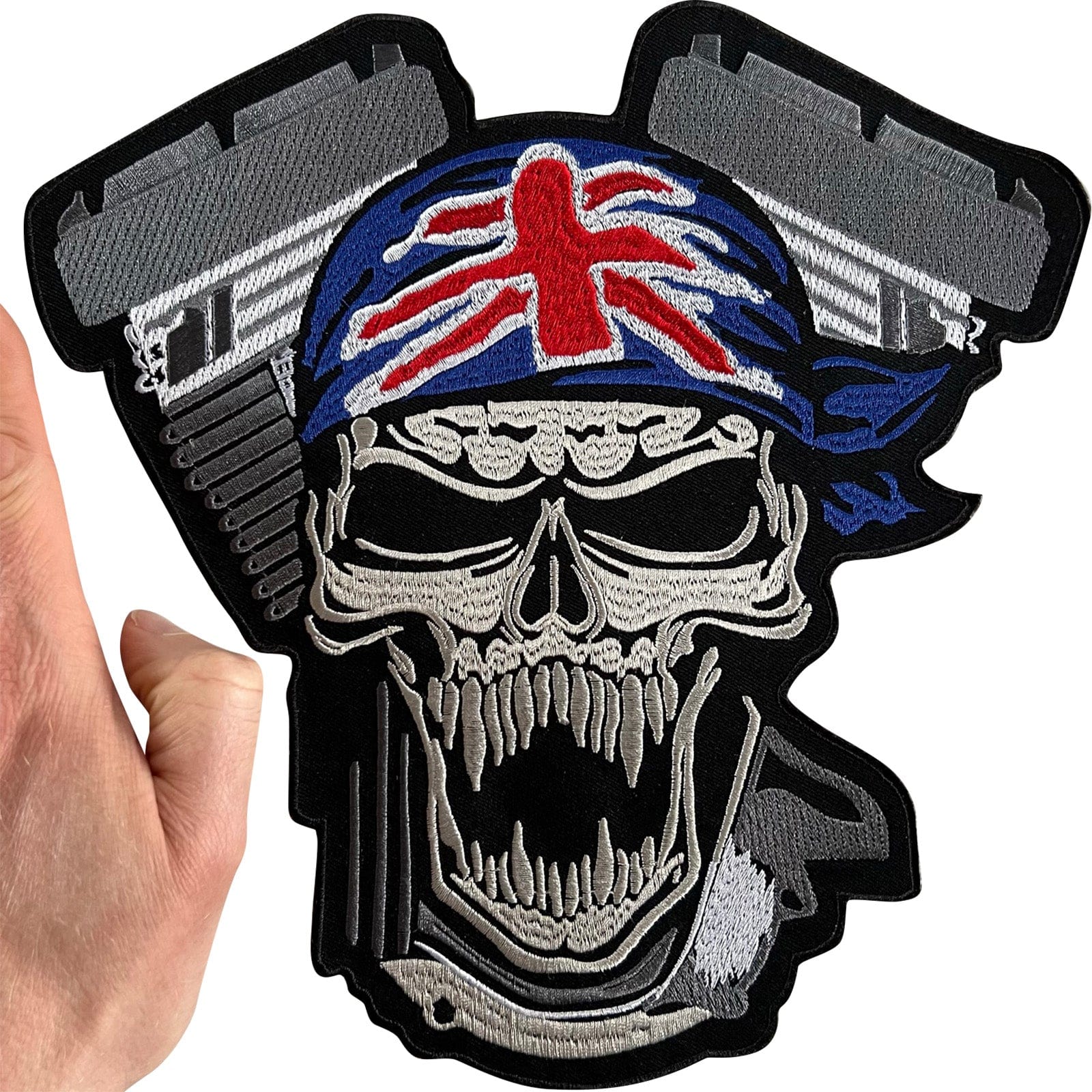 Big Large Skull Motorbike Engine Patch Iron Sew On Jacket Union Jack F
