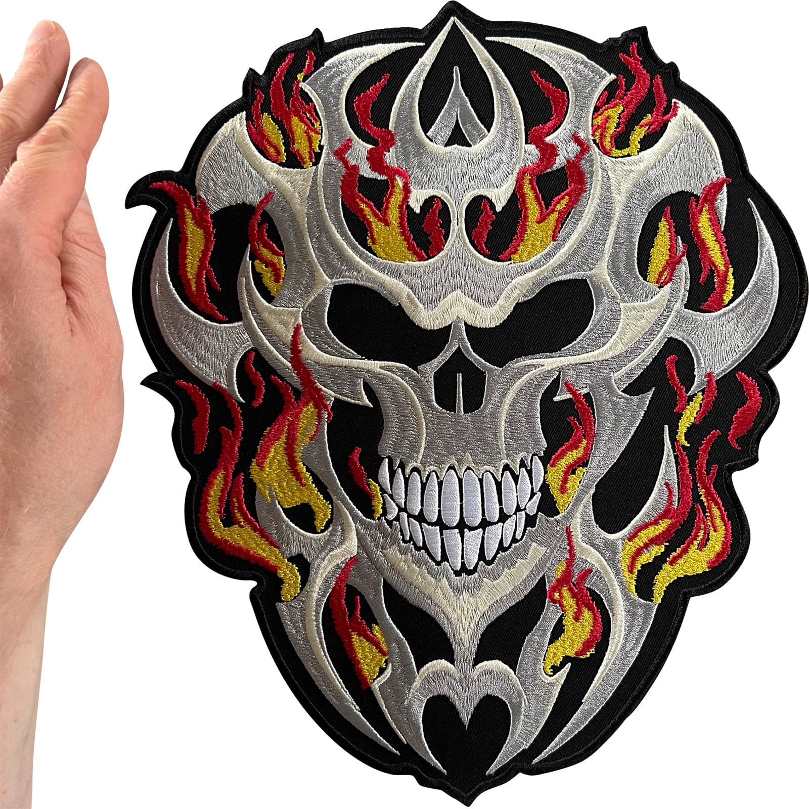 Large Skull Fire Flames Patch Iron Sew On T Shirt Jacket Big Embroider