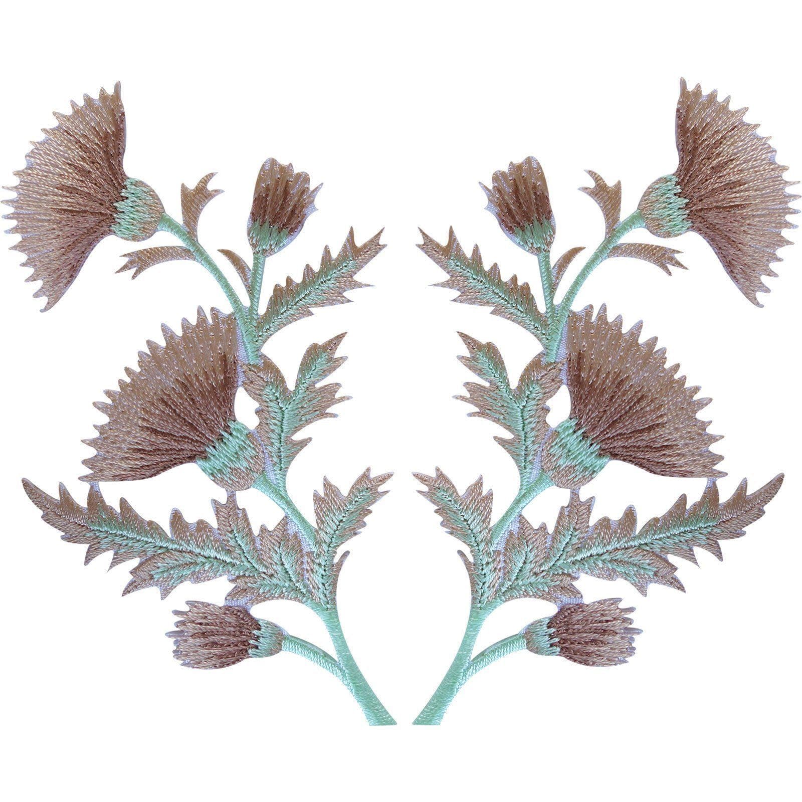 Pair of Beige Tan Brown Thistle Flower Patches Iron Sew On Clothes Flo