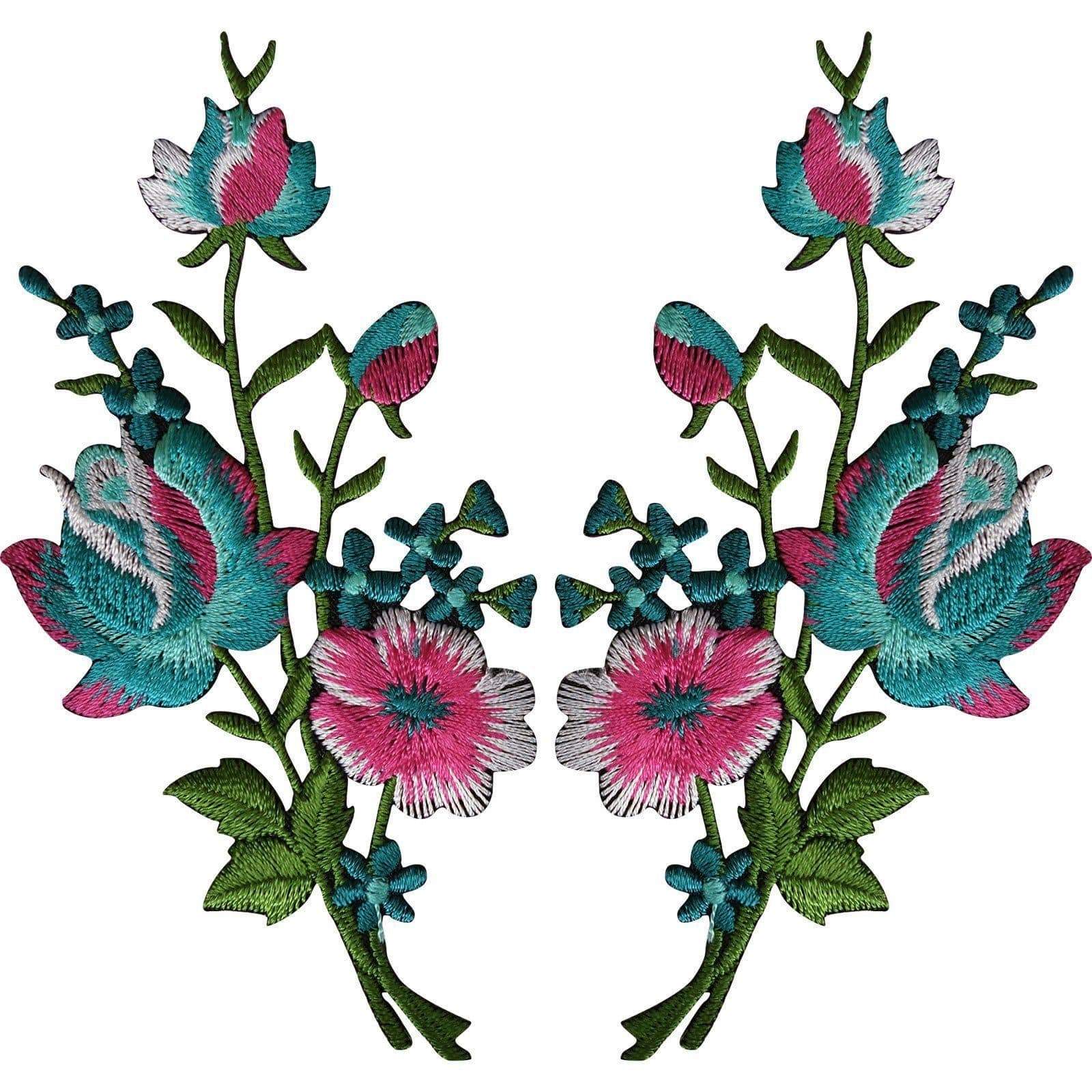 Pair of Flower Embroidered Patches Iron Sew On Embroidery Patch Badge