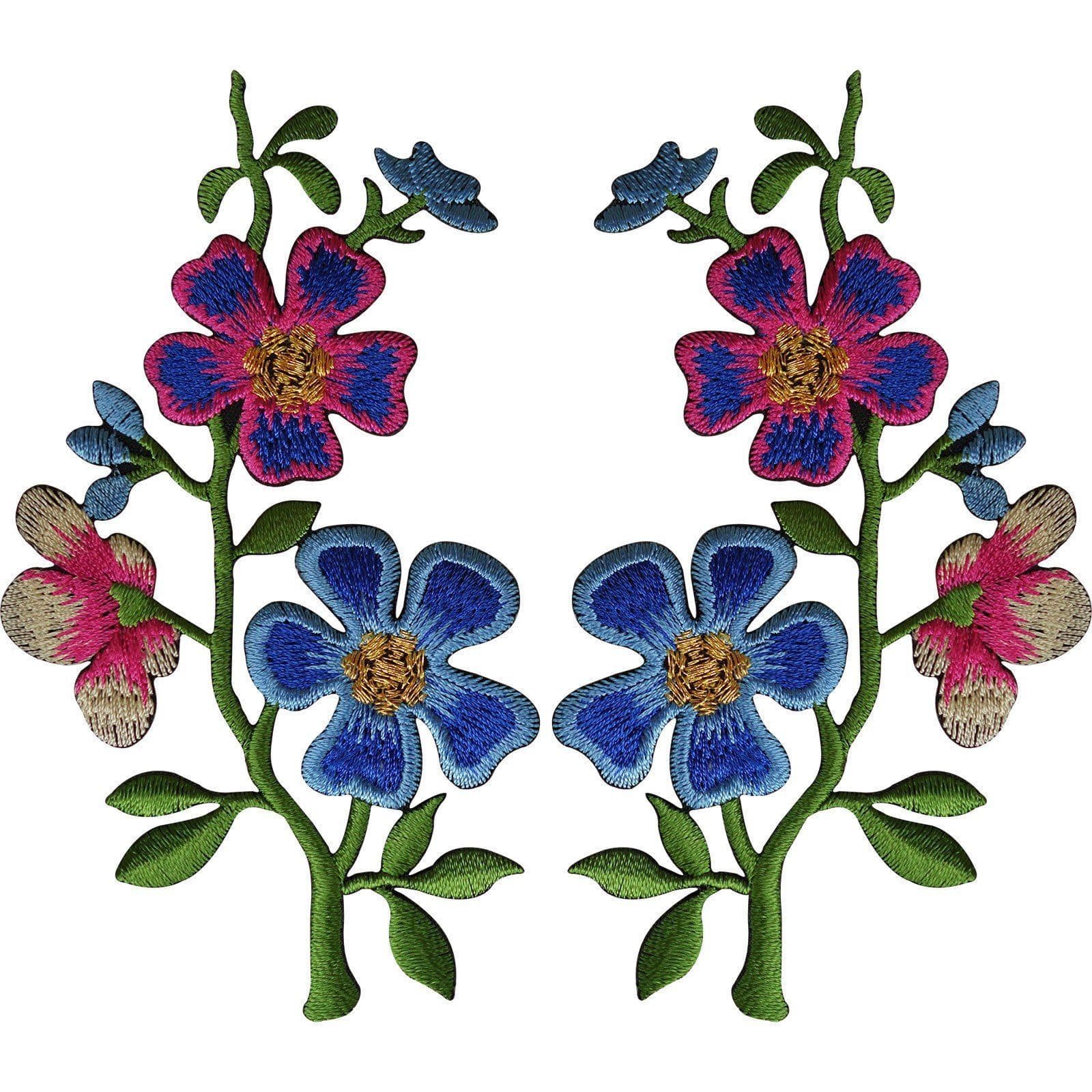 Pair of Pink Blue Flower Patches Iron On Sew On Flowers Embroidered Pa