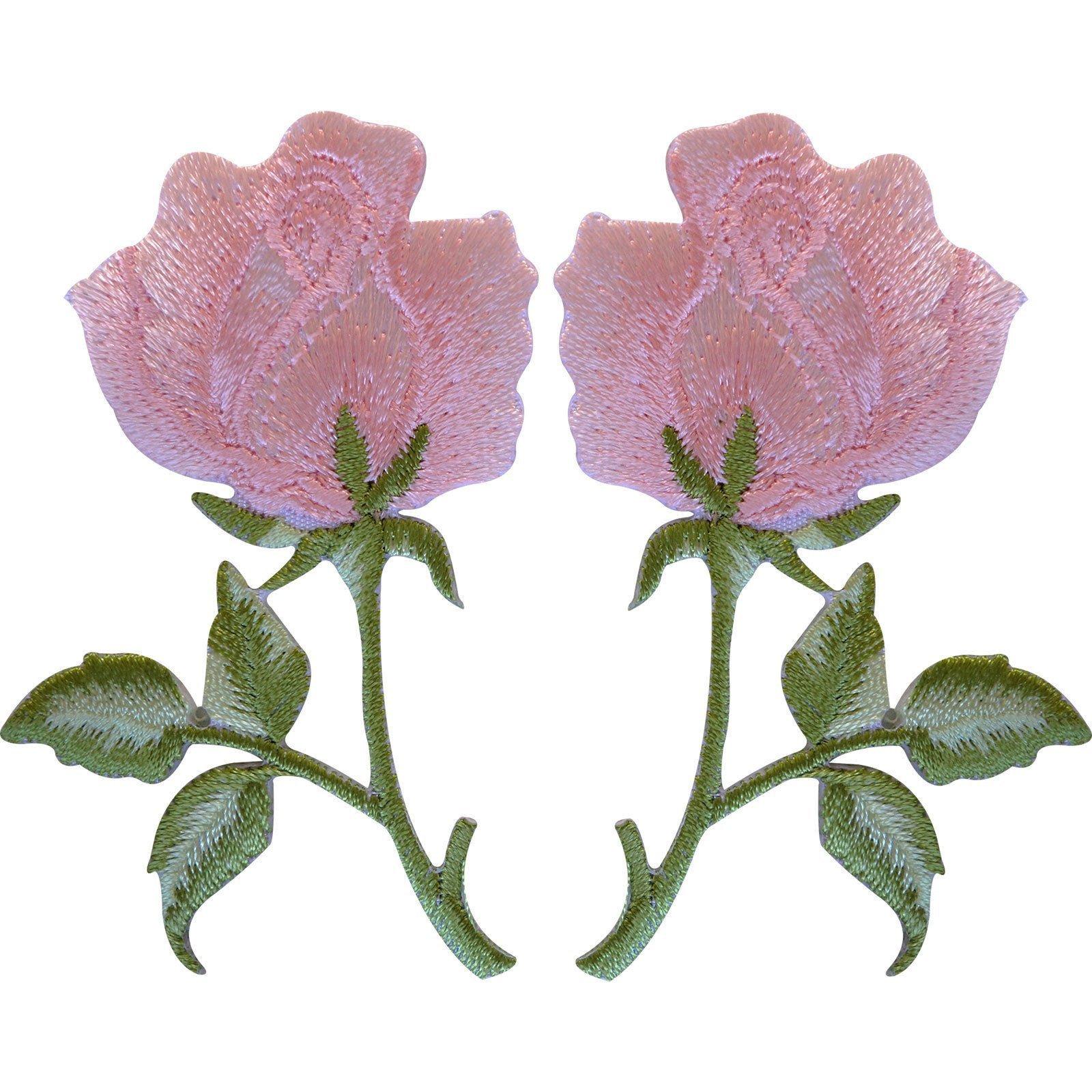 Pair of Pink Roses Patches Iron On / Sew On Embroidered Rose Flower Pa