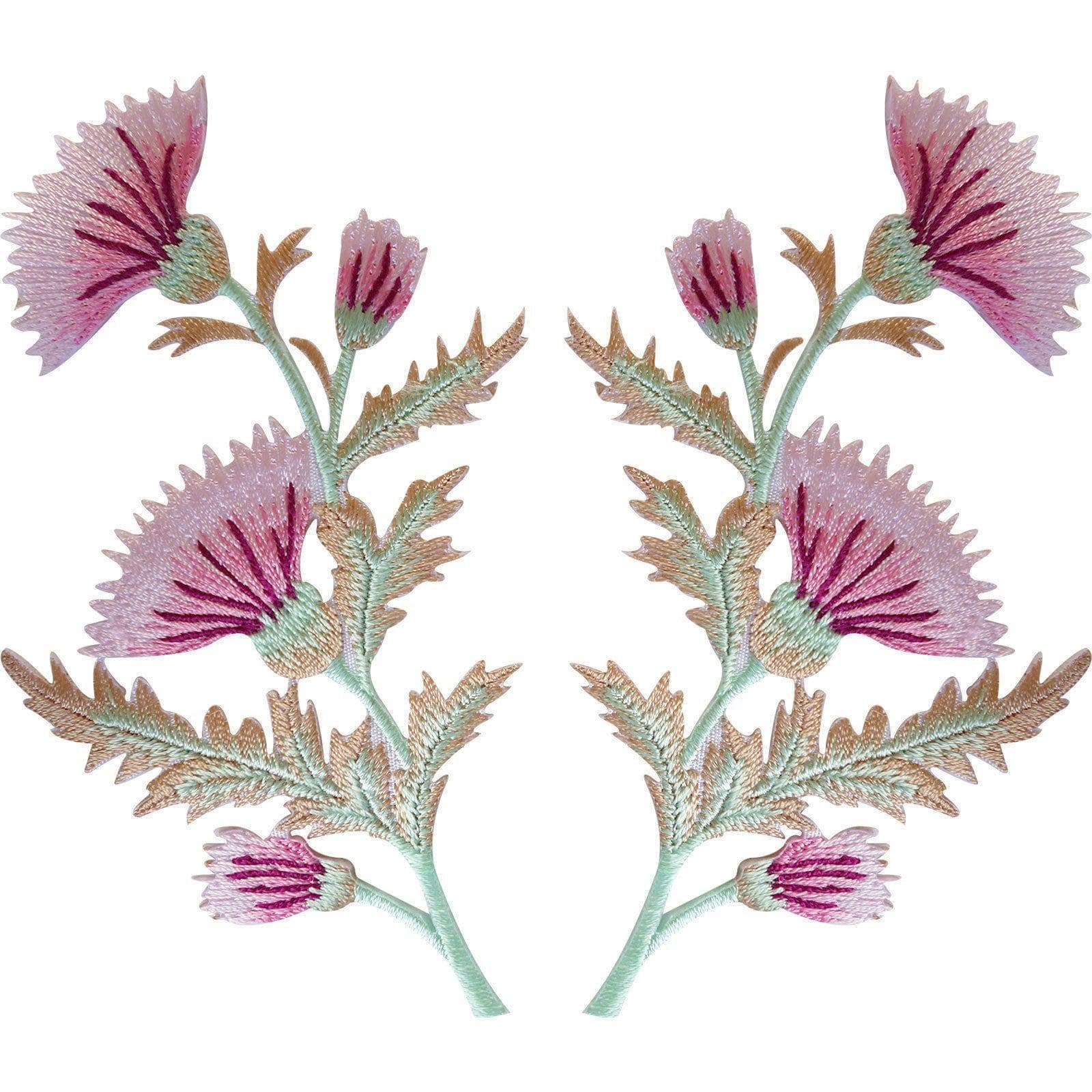 Pair of Pink Thistle Flower Patches Iron Sew On T Shirt Bag Flowers Pa