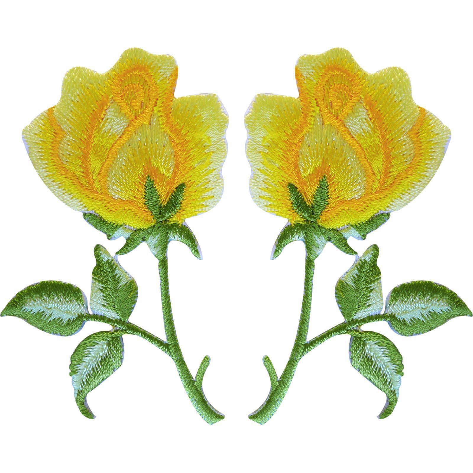Pair of Yellow Rose Flower Patches Embroidered Iron On Sew On Roses Pa